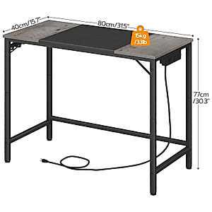HOOBRO Computer Desk, Home Office Desk with Power Outlet, Modern Study Writing Desk with 3 Hooks for Study Room, Home Office, Sturdy and Stable, Easy to Assemble, Charcoal Gray and Black BC40UDN01
