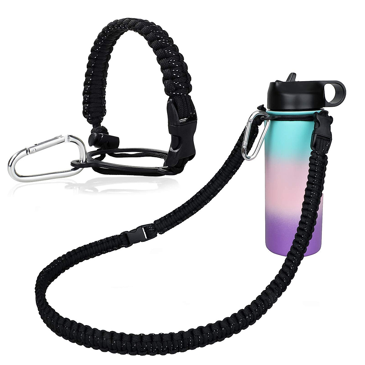WEREWOLVES Paracord Handle with Shoulder Strap - Fits Wide Mouth Water Bottles 12oz to 64oz - Durable Carrier, Water Bottle Handle Strap with Safety Ring, Compass and Carabiner (Black)