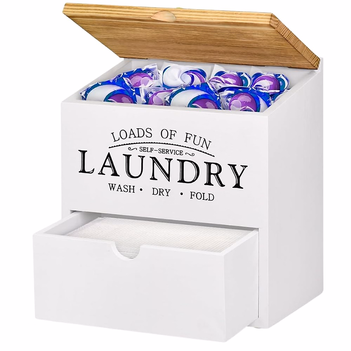 Wooden Laundry Pods Container - Multi-Use Laundry Containers for Organizing - Laundry Pod Dispenser - Detergent Pods & Dryer Sheet Container (White)
