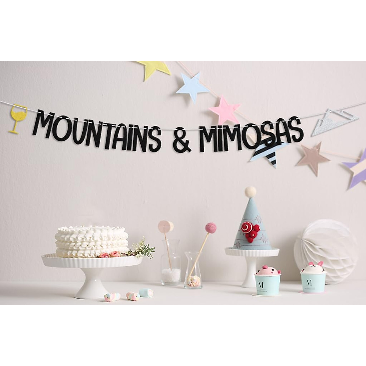 Mountains & Mimosas Banner, Mountain Bachelorette Party Decorations, Cabin Camping Bridal Shower Engagement Wedding Party Supplies Black Silver