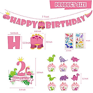 KOTLMIGHT Dinosaur Birthday Party Supplies for 2 Year Old Girl, Two Rex Pink Dinosaur Dino Party Decorations for Girls Baby - Backdrop, Banner, Toppers, Cupcakes Wrappers, Balloons and Tablecloth