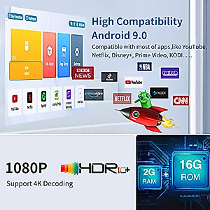 Support 4K Portable Projector WiFi 6 and Bluetooth, Native 1080P Projectors Home Theater Camping Bedroom Movie 200'', Android 9.0 with 5000+ Apps Netflix Prime Video, Work with TV Stick/PS5/Laptop/PC