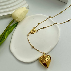 YMNLSASR Lana Necklace - LDR Necklace, Stash Necklace With Spoon, Lana Jewelry Necklace Aesthetic Heart Necklace, Snake Necklace with Spoon Necklace Pendant, Gold Rosary Style Necklace, Ash Necklace