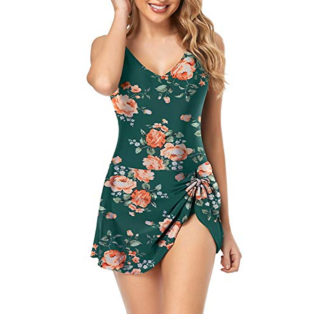 Husmeu Womens Modest One Piece Swimsuits Swimdress Slimming Swim Dress Bathing Suit for Women Tummy Control Swimwear Swimdress Floral Printed XL