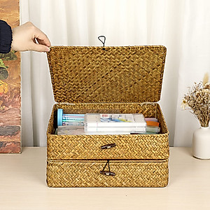 BTSKY 2 Pack Wicker Baskets With Lids Flat Woven Storage Bins for Shelf Organizing Natural Seagrass Storage Baskets with Lids Home Utility Organizer Box for Home & Office Supplies, Caramel (Large)