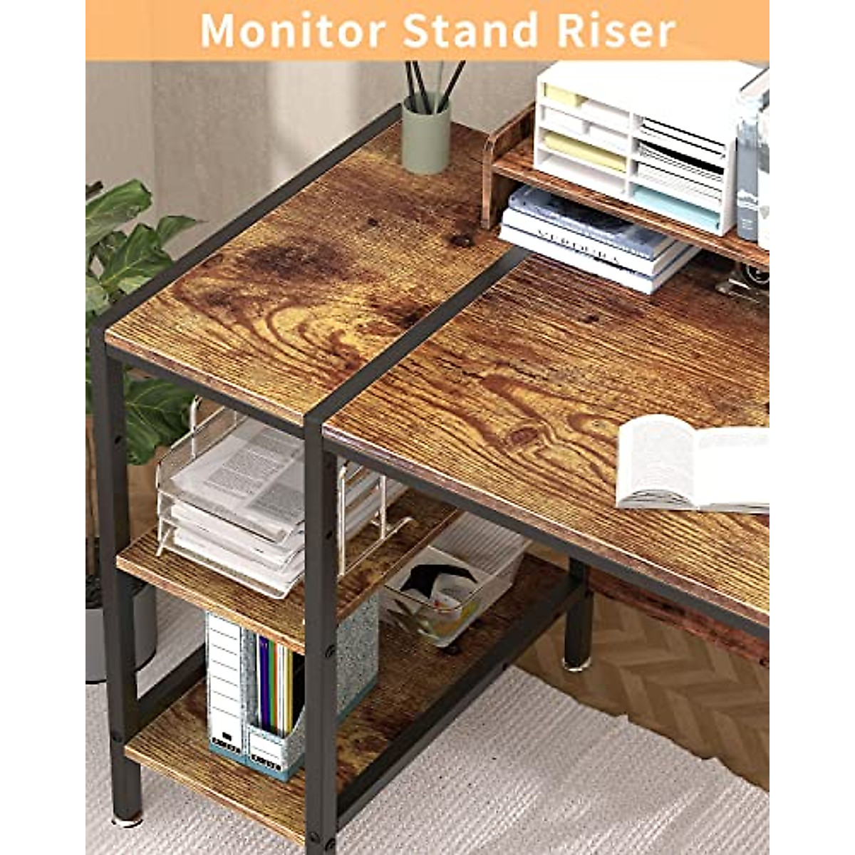 MINOSYS Computer Gaming Desk - 47" Home Office Desk with Storage, Rustic Writing Desk with Monitor Stand, Modern Simple Study Corner Table, Adjustable Storage Space.
