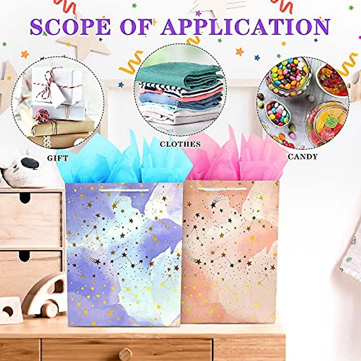 Gift Bag,Birthday Gift bags Large Gift Bags Set Included 2 Pack Paper Gift Bags with Tissue Paper, Colorful Pink Blue Gift Bags for Women, Men, Boy, Girl, Kids, Pretty Gift Bags for Birthday,Party,Bridal Shower,Gift Bag with Handles,Present Bags Gift Wrap