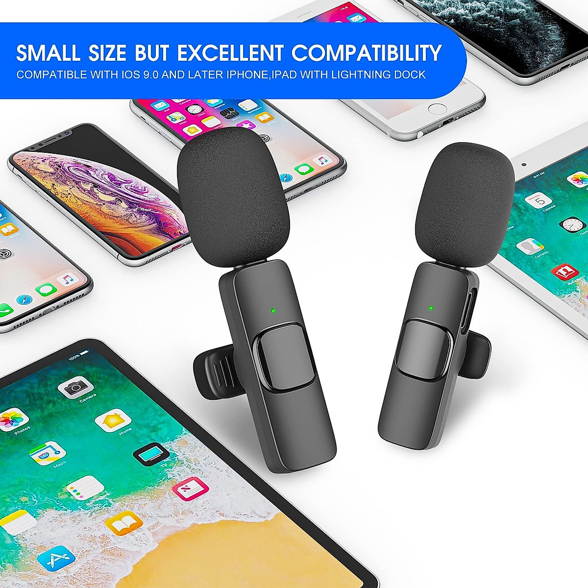 Kdewere 2 Pack Wireless Lavalier Microphone for iPhone iPad, Lapel Mics Plug-Play 2.4G Ultra-Low Delay Built-in Noise Reduction Chip 8H Working Time for Video Recording Interview Podcast Vlog YouTube