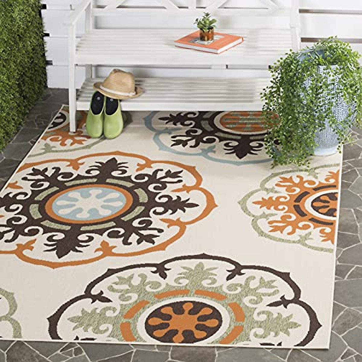 SAFAVIEH Veranda Collection Accent Rug - 2'7" x 5', Cream & Terracotta, Floral Design, Non-Shedding & Easy Care, Indoor/Outdoor & Washable-Ideal for Patio, Backyard, Mudroom (VER002-0715)