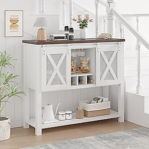 IDEALHOUSE Coffee Bar Cabinet, Sideboard Buffet Storage Cabinet with Storage, Farmhouse Wine Bar Cabinet with Wine Glass Rack, Liquor Cabinet Bar for Home, Kitchen, Dining, Living Room, White