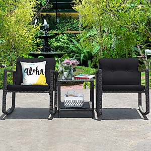 Tangkula 3 Pieces Patio Wicker Rocking Bistro Set, Outdoor Rocking Chair Furniture Set w/Cushioned Seat, Conversation Set w/Glass Coffee Table and Storage Shelf (Black)