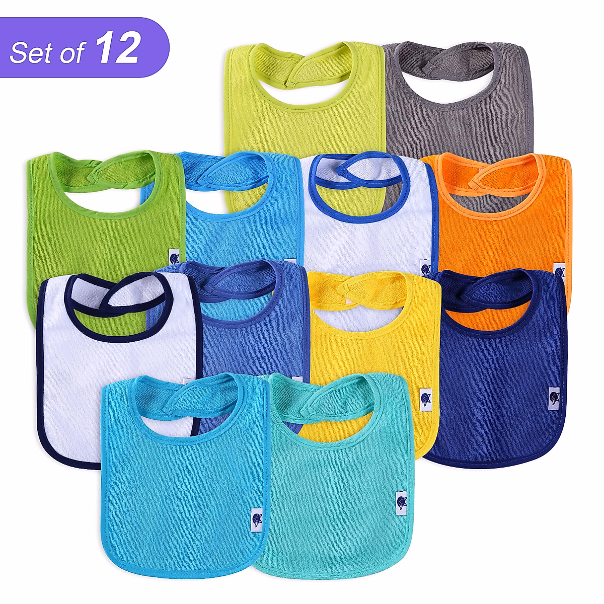 Nvatorfox 12 Pack Terry Drool Cotton Bibs, Unisex Baby Bibs With Fiber Filling Waterproof Baby Bibs for Feeding, Teething, Drooling (BOY)