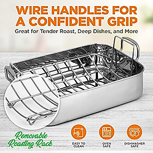 NutriChef Stainless Steel Roasting Pan with Lid and Polished Rack - Wide Wire Handles for a Confident Grip - Ideal for Thanksgiving, Tender Roasts, Deep Dishes, and More, 14.8'' x 11.6" x 3.7" IN
