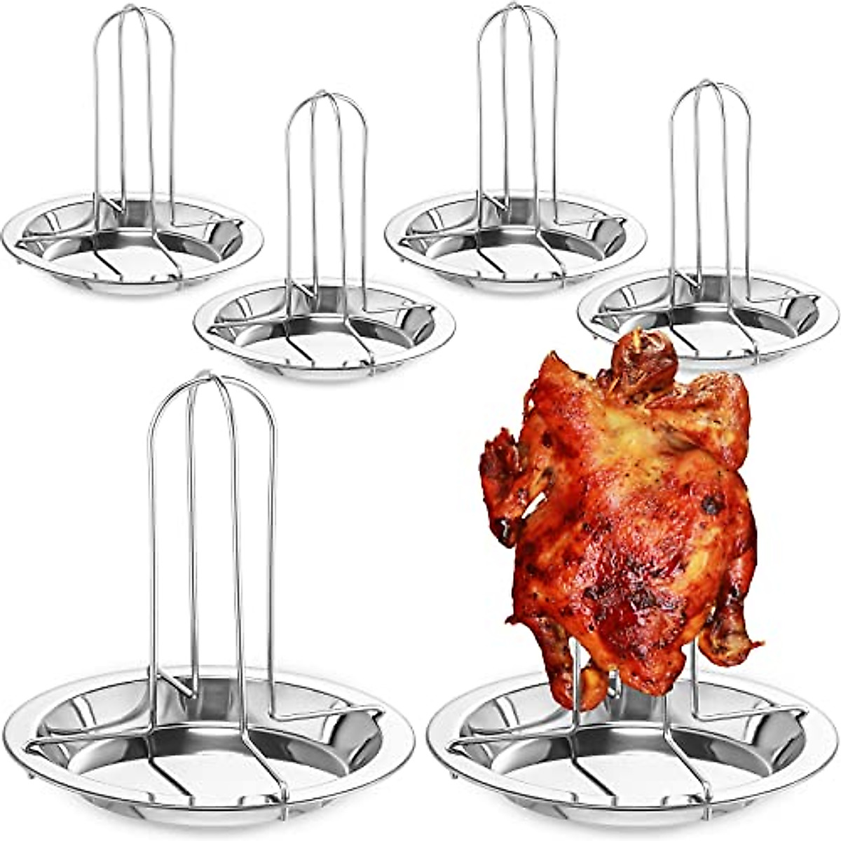 6 Pack Beer Can Chicken Holder Stainless Steel Chicken Roaster Rack Whole Chicken Roaster Stand with Pan Beer Butt Vertical Chicken Stand for Grill Oven Smoker Camping Home BBQ