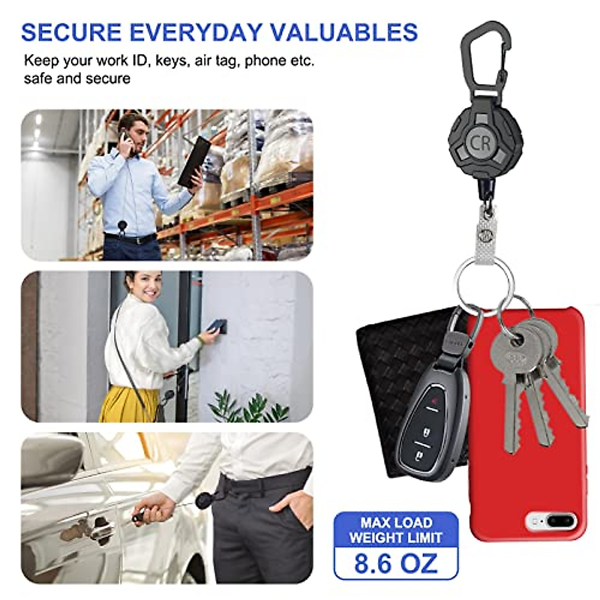 3-Pack Heavy Duty Retractable Keychain with 32” Steel Extender Cord - ID Badge Holder Reels, Badges Holders , Carabiner Keychains, Tactical Key Rings, Reel Clip for Card, 8.6Oz (Black)