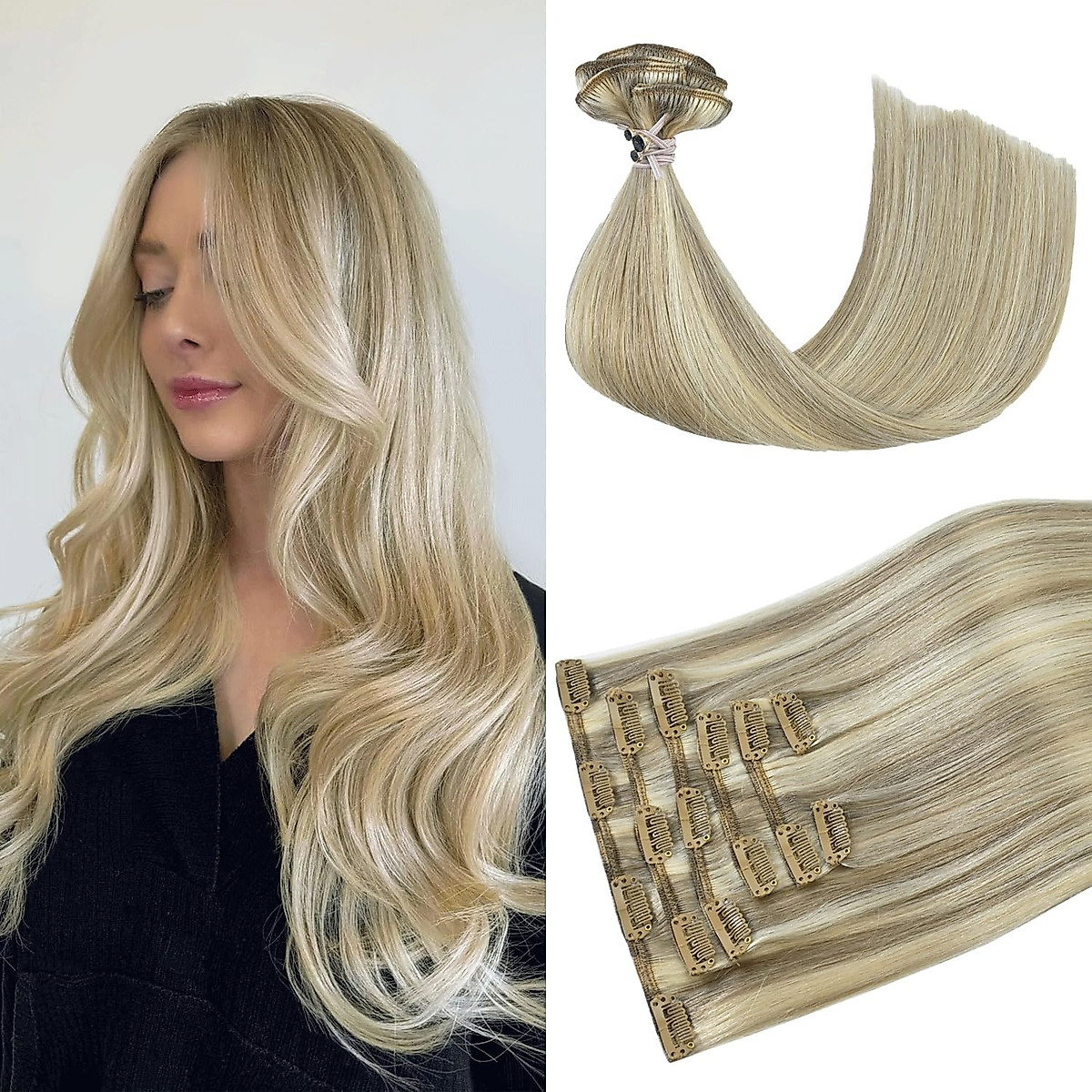 HUAYI Blonde Clip In Hair Extensions - Ash Blonde Mixed Bleach Blonde 70g 15 Inch, Real Human Hair Extensions for Women, Premium Quality Hair Extensions Real Human Hair for a Natural Look