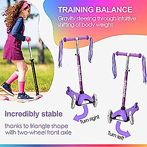 Kids Scooter - Toddler Scooter for Kids 3-6 Adjustable Height -3 Wheel Scooter for Kids Ages 3-5 Boys & Girls- Kids Three Wheel Scooter with Light Up LED Wheels Made for Stable Ride (Purple-Pro)