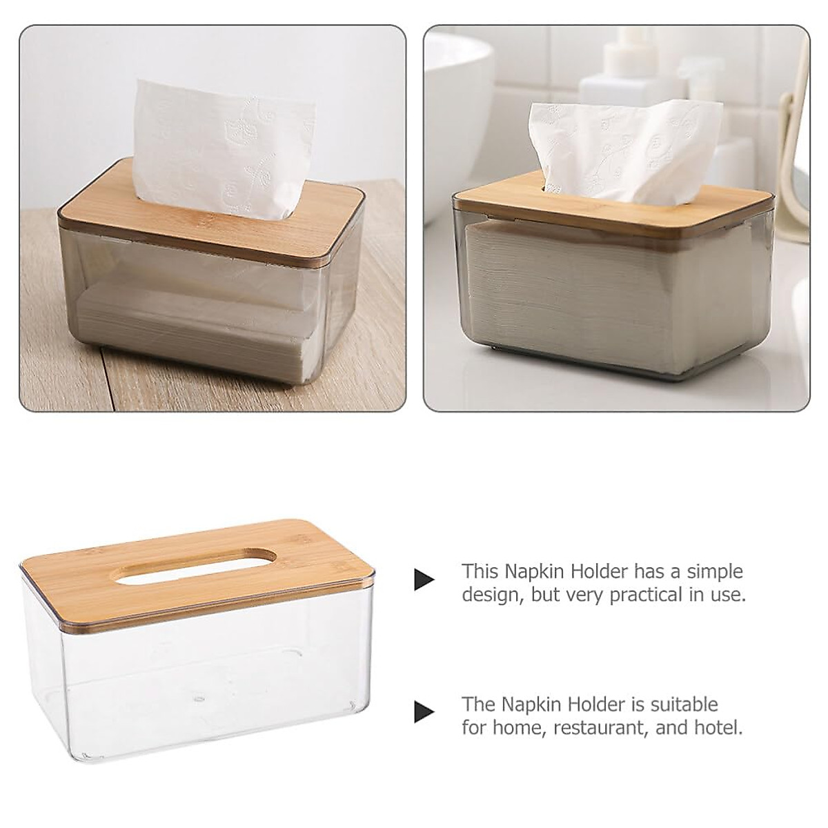 Cabilock Car Napkin Holders Tissue Holder Rectangular Tissue Box Holder Dryer Sheet Dispenser Box with Wood Lid Transparent Napkin Container Tissue Organizer for Living Room Bathroom