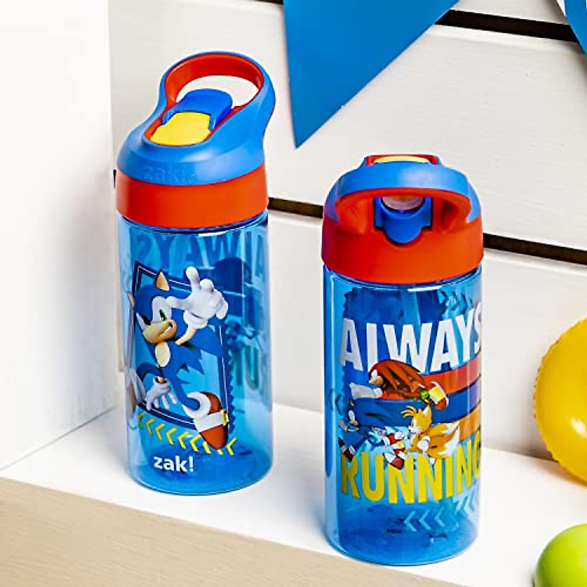 Zak Designs Sonic the Hedgehog Kids Water Bottle with Spout Cover and Built-in Carrying Loop, Made of Durable Plastic, Leak-Proof Water Bottle Design for Travel (17.5 oz, Non-BPA, Pack of 2)