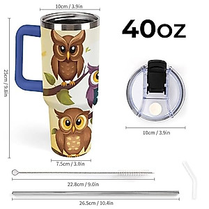 LLUTSNTH 40 Oz Vacuum Tumbler with Deep Blue Handle Leakproof Insulated Tumbler Owls Birds Stainless Steel Travel Mug with Lid And Straw Coffee Cup Cute Water Bottles Cup Holder Friendly