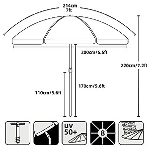 AMMSUN 7ft Heavy Duty High Wind Beach Umbrella with Sand Anchor & Tilt Sun Shelter UV 50+ Protection Outdoor Sunshade Umbrellas Carry Bag for Patio Garden Pool Backyard Multicolor Stripe