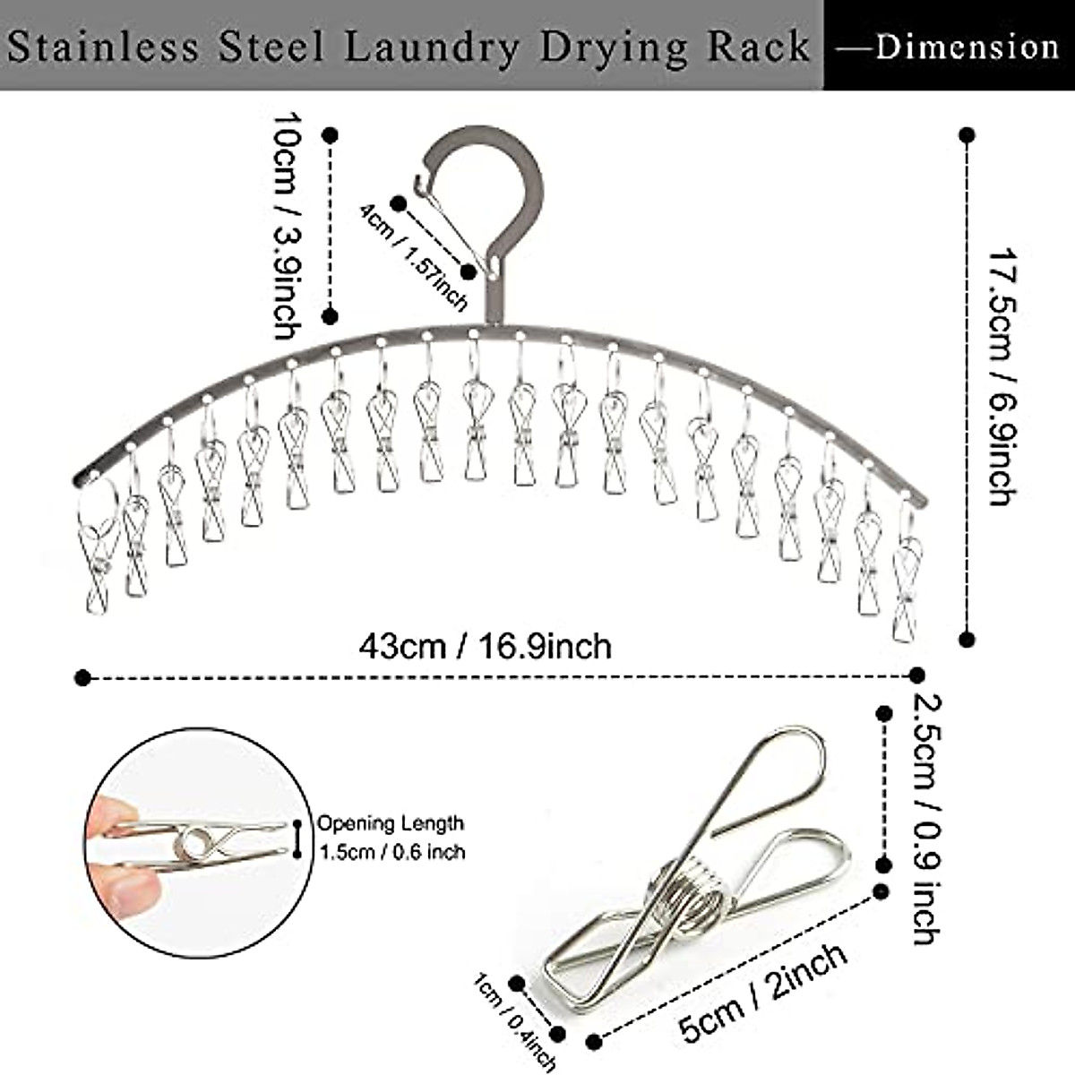 JDGOOMA 2 Pack Stainless Steel Laundry Drying Rack Windproof Clothes Hangers with 20 Clips for Drying Socks,Towels,Diapers,Bras,Baby Clothes,Underwear,Scarfs,Hats,Gloves - Upgraded Type