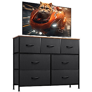 WLIVE Dresser TV Stand, Entertainment Center with Fabric Drawers, Media Console Table for TV up to 45 inch, Chest of Drawers for Bedroom, Living Room, Hallway, Black and Rustic Brown