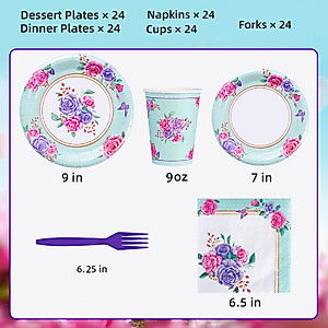 Atonofun Tea Party Supplies, Tea Party Plates and Napkins Sets, Disposable Floral Plates, Cups, Cutlery for Girl's Birthday, Baby Shower, Bridal Shower Floral Party Decorations Serves 24