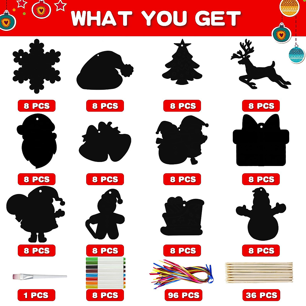 Max Fun Christmas Crafts Scratch Art for Kids, 96PCS Ornaments Rainbow Magic Color Scratch Off Cards Paper Hanging Art Craft Supplies Educational Toys Kit for Kid Party Favor