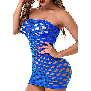 Vorifun Women Fishnet Lingerie V-Neck Sleepwear One Size One Piece Babydoll Mini Dress One Piece Blue