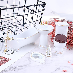 1:12 Dollhouse Miniature Porcelain Bathroom Set 5 PCS White Ceramic Toilet Basin Bathtub Mirror Miniature Furniture Doll Accessories for Bathroom Cake Topper Toy Fairy House Furniture Miniature Toys