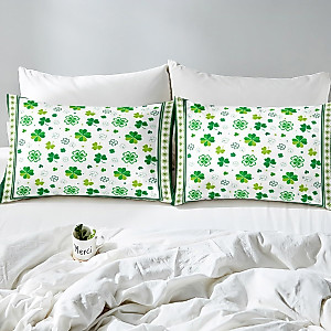 Manfei St. Patrick's Day Duvet Cover Set Queen Size, Lucky Clovers Comforter Cover with 2 Pillowcases, Green Shamrocks Bedding Set 3pcs for Kids Boys Girls Bedroom Decor Lightweight Bedspread Cover