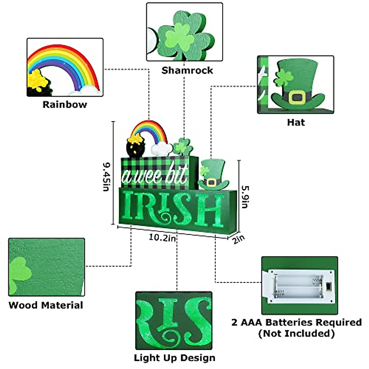 St Patrick's Day Wooden Block Sign with Led Lights- A Wee Bit Irish Shamrock Light up Wood Sign for Table Mantle- Irish Festive Farmhouse Home Battery Operated Wooden Sign Tabletop Tiered Tray Decor