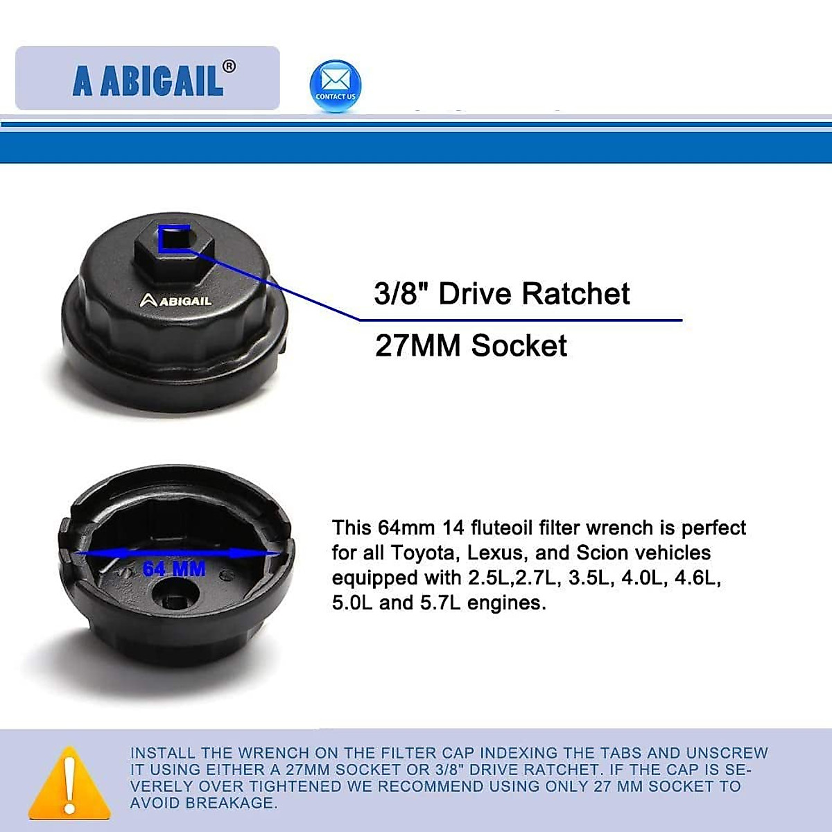 Heavy Duty Oil Filter Wrench Compatible with Toyota,Lexus,RAV4,Camry,Tundra,Highlander,Sienna Oil Filter Cap Removal Socket Tool for 2.5-5.7L Engine with 64mm Cartridge Style Oil Filter Housing