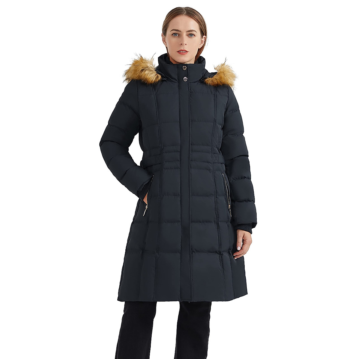 Orolay Women's Puffer Down Coat Winter Warm Jacket with Faux Fur Trim Hood Black X-Large
