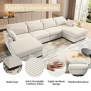 Nynsley 130 Inch Sectional Couches for Living Room,6 Seater Lounge Sofa with 2 Ottoman,Corduroy Cloud Couch with 6 Pillows,Oversized U Shaped Modular Sectional Sofa for Apartment Office Hotel Beige