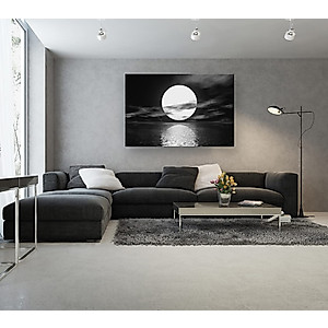 Cao Gen Decor Art S06481 Wall Art Canvas Sea White Full Moon in Night Picture Canvas Poster Print Black and White Ocean for Living Room Bedroom Kitchen Home Decorations Framed Artwork