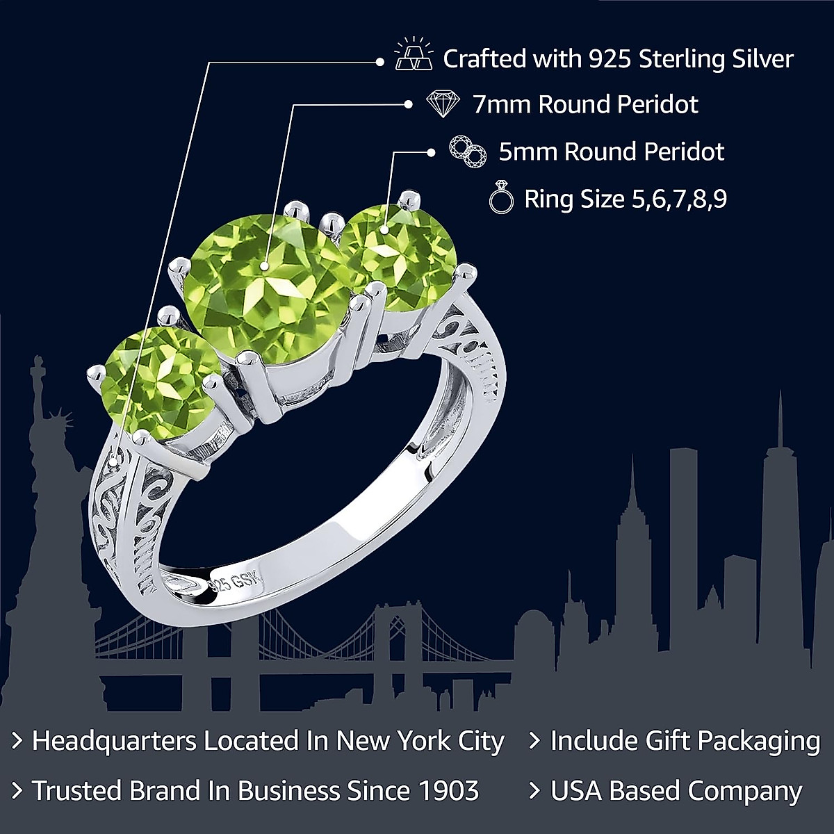 Gem Stone King 2.35 Cttw Round Green Peridot 3-Stone Ring In 925 Sterling Silver | 3 Stone Wedding Engagement Anniversary Promise Ring For Women | Available In Size 5, 6, 7, 8, 9