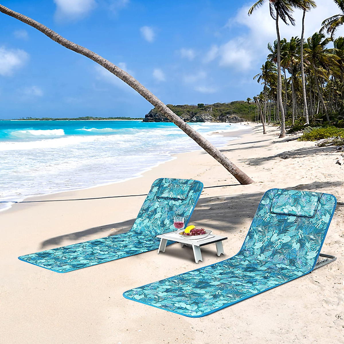 COSTWAY 3-Piece Beach Lounge Chairs, Outdoor Lounger with Side Table, 5 Reclining Positions, Lightweight & Portable Tanning Chairs for Sunbathing, Camping (Turquoise)