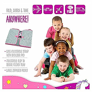 Thr33E Car Seat Kids Travel Tray - Travel Lap Desk Active Accessory for Child’s - Kids Tablet iPad Holder Stand Art Storage Pockets (Pink)