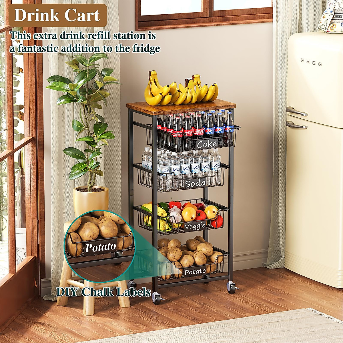 OKZEST Fruit Basket, 5-Tier Utility Kitchen Organizer and Storage Cart with Pull-Out Baskets and Wood Top, Rolling Pantry Kitchen Cart on Wheels for Fruit Potato Onion Vegetable Snack Produce