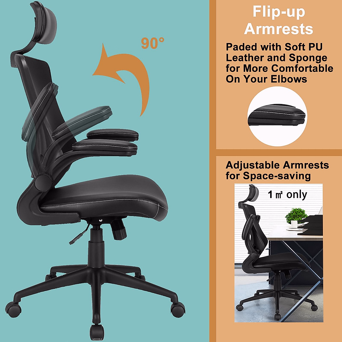 POWERSTONE Ergonomic Office Chair with Thickened Leather Seat, Mesh Desk Chair with Adjustable Headrest Lumbar Support and Flip-up Armrests for Home, Office, Study
