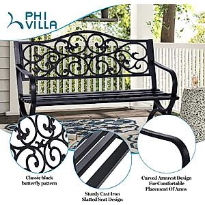 PHI VILLA 50-Inch Cast Iron Steel Frame Garden Bench Outdoor Patio Bench Chair w/Floral Design Backrest, Slatted Seat for Park, Yard & Porch, Black