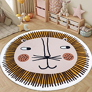 USTIDE Lion Rug Round Area Rug for Living Room 5.2 Ft Washable Nursery Rug for Playroom Yellow Circle Rug for Kids Room Non Slip Animal Carpet Soft Large Kids Rug for Classroom Dorm Kids Bedroom