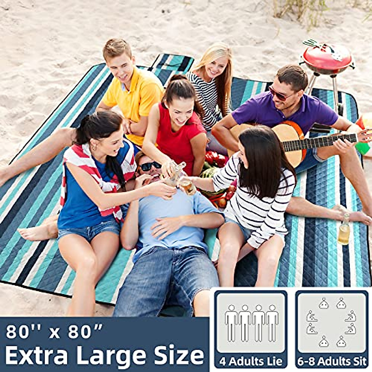 ZAZE Picnic Blankets Beach Blanket, 80''x80'' Extra Large Thick 3-Layers, Sandproof Machine Washable Waterproof Foldable Oversized XL Outdoor Mat, for Camping, Park, Travel, Grass(Blue White Stripe)