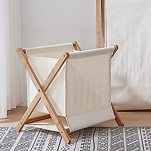 generic Laundry Basket Collapsible Bamboo Laundry Hamper with Cloth Bag - Freestanding X-Frame Clothes Hamper Organizer Household Storage Basket for Clothes Toys - Beige, 18x5x2 Inch