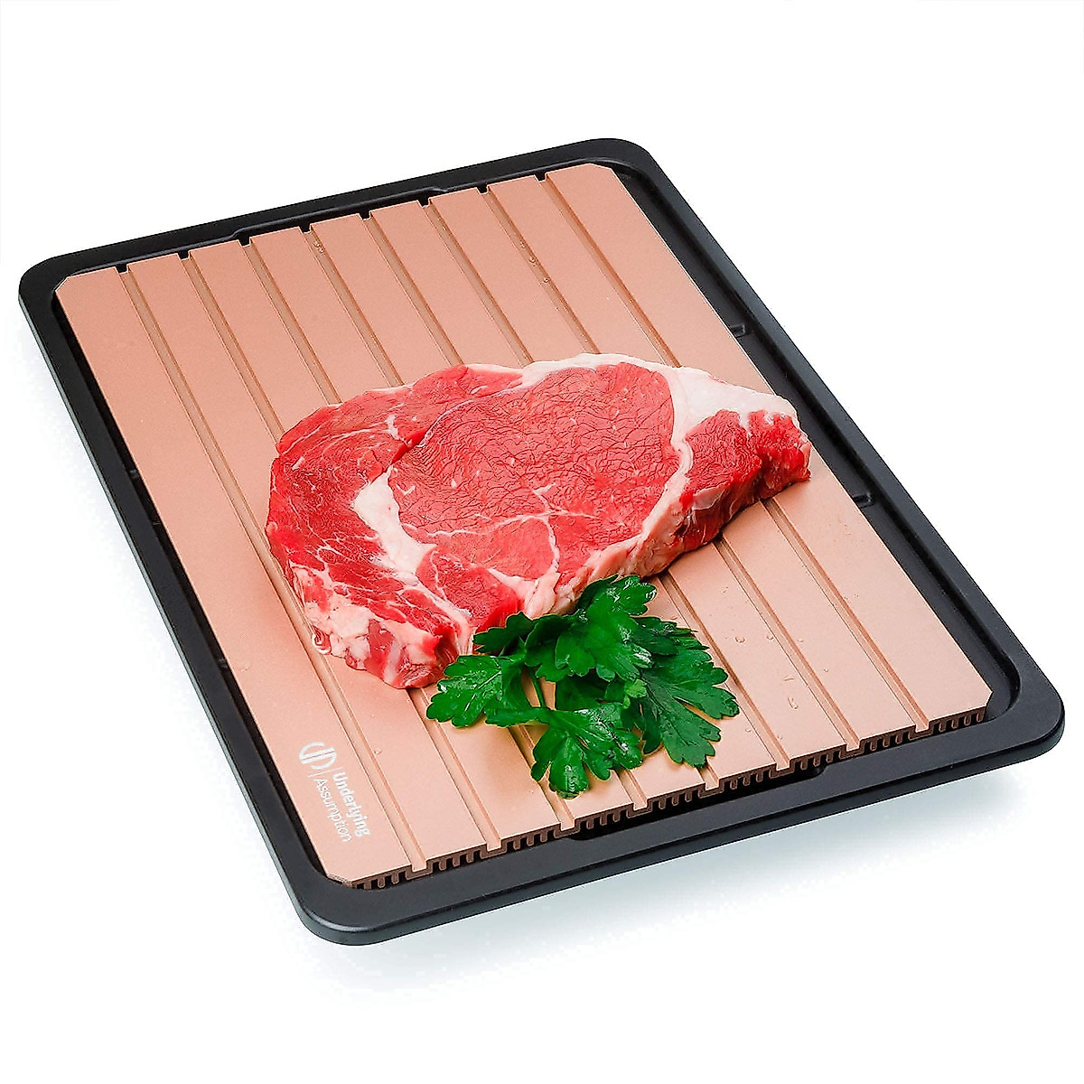 Premium Ultra Fast Defrosting Tray for Frozen Meat, Miracle Thaw Defrosting Tray, Extra Thick Meat Defroster Tray for Quick Thawing, Rose Gold Defrosting Plate Board with Sturdy Water Drip Tray