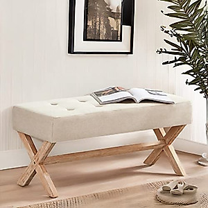 HUIMO 35-inch Entryway Bench, Upholstered End of Bed Bench for Living Room, Bedroom. Dinning Bench Seat with X-Shaped Legs for Kitchen, Solid Wood Indoor Bench for Foyer, Hallway (Beige)