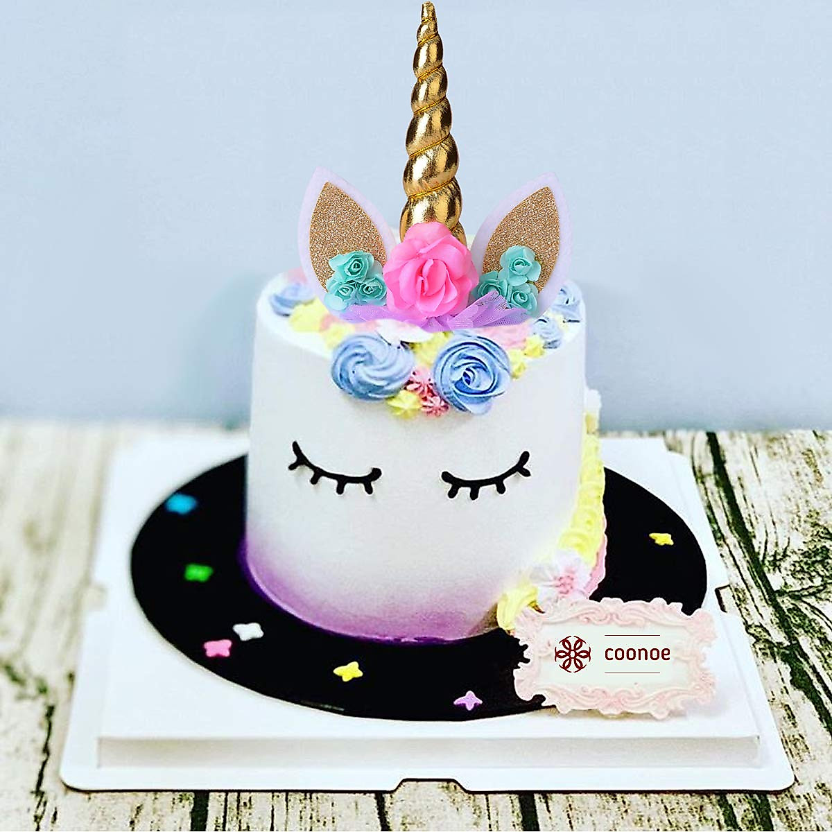 coonoe, Unicorn Cake Topper,Handmade Party Cake Decoration Supplies with Eyelashes and stack,Reuasble Gold Horn for Birthday Party,Baby Shower, Wedding