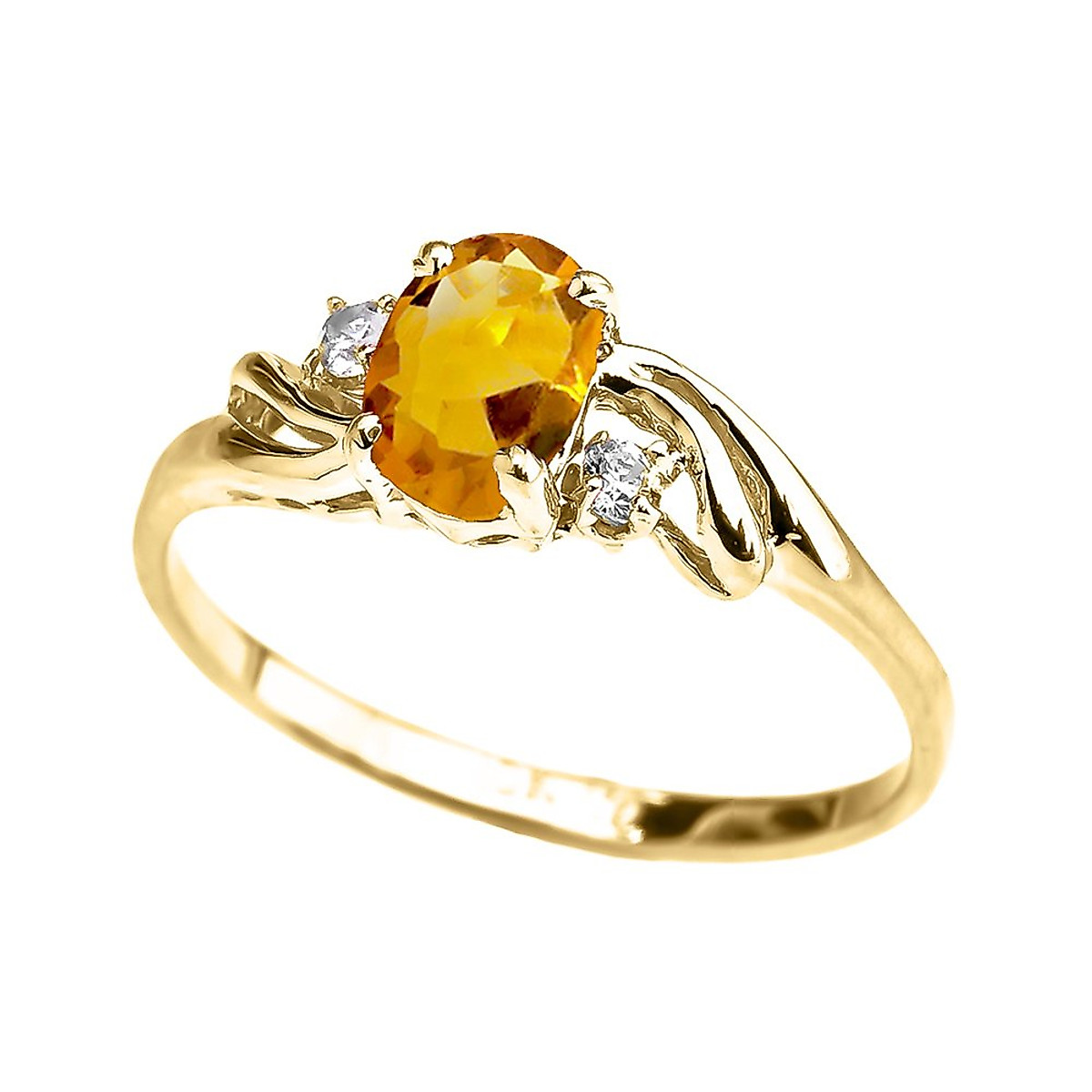 10K Yellow Gold, Orange-Yellow Oval Cut Cubic Zirconia & White Topaz Three Stone Swirl Simulated Citrine November Engagement Ring - Size 6-1/2